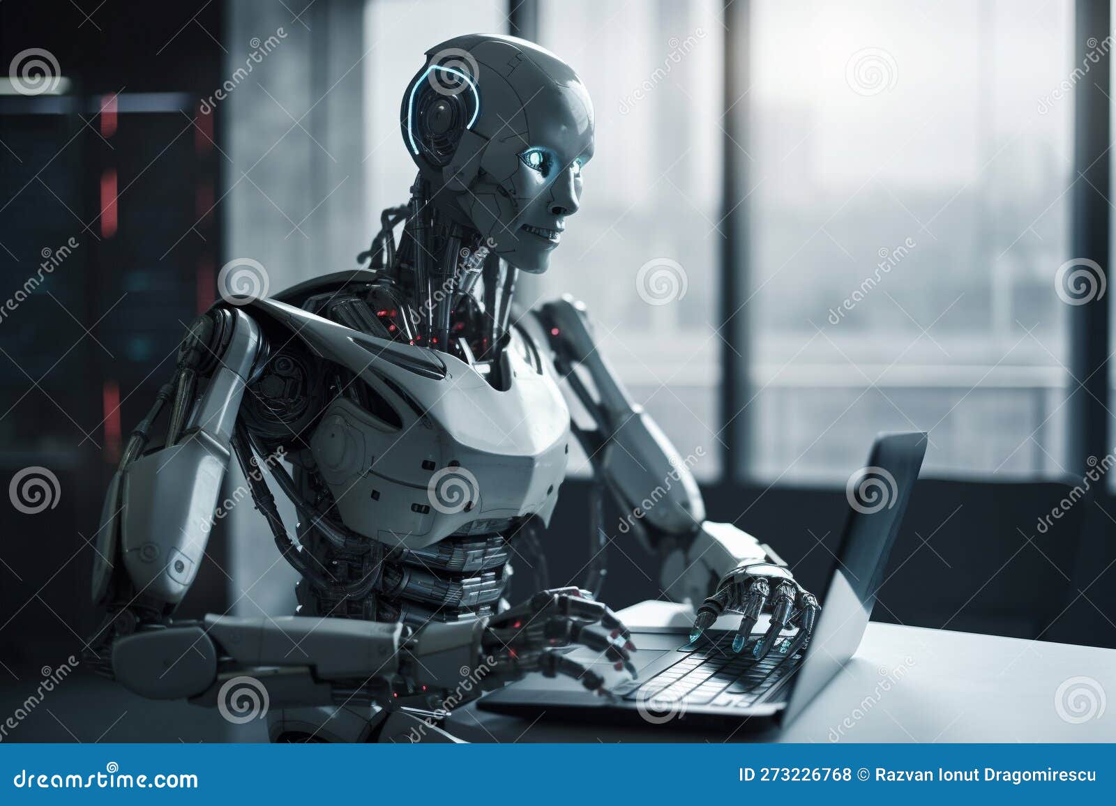 Futuristic Humanoid Robot, Sitting in Front of a Laptop and Texting ...
