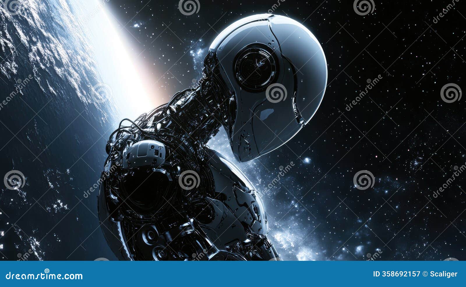 Futuristic Humanoid Robot in Space with Earth Background Showcasing ...