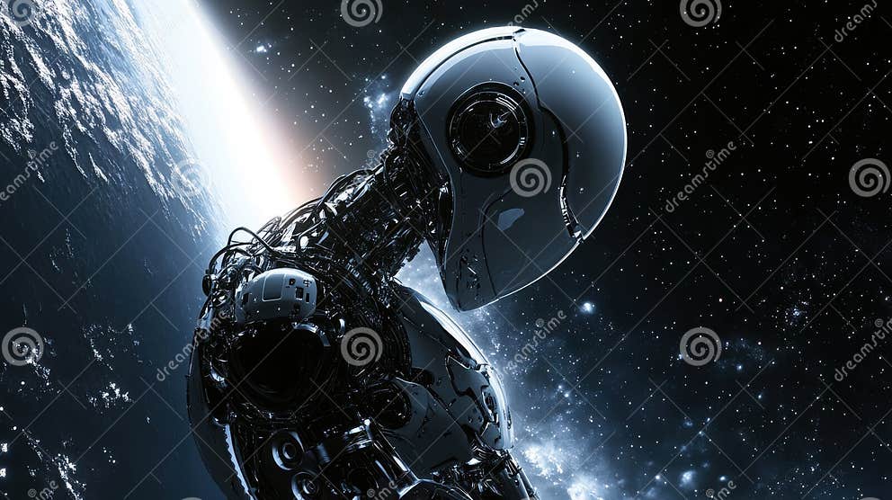 Futuristic Humanoid Robot in Space with Earth Background Showcasing ...