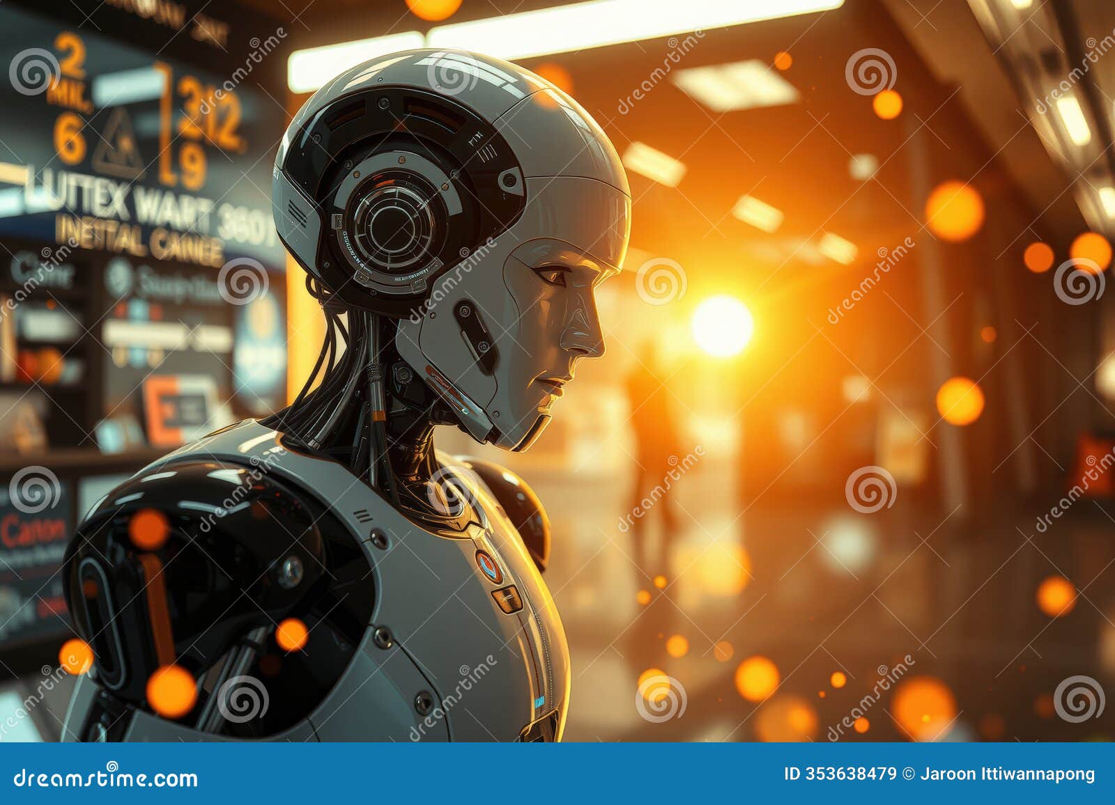 Futuristic Humanoid Robot Stands in Sunlit Corridor, Surrounded by ...