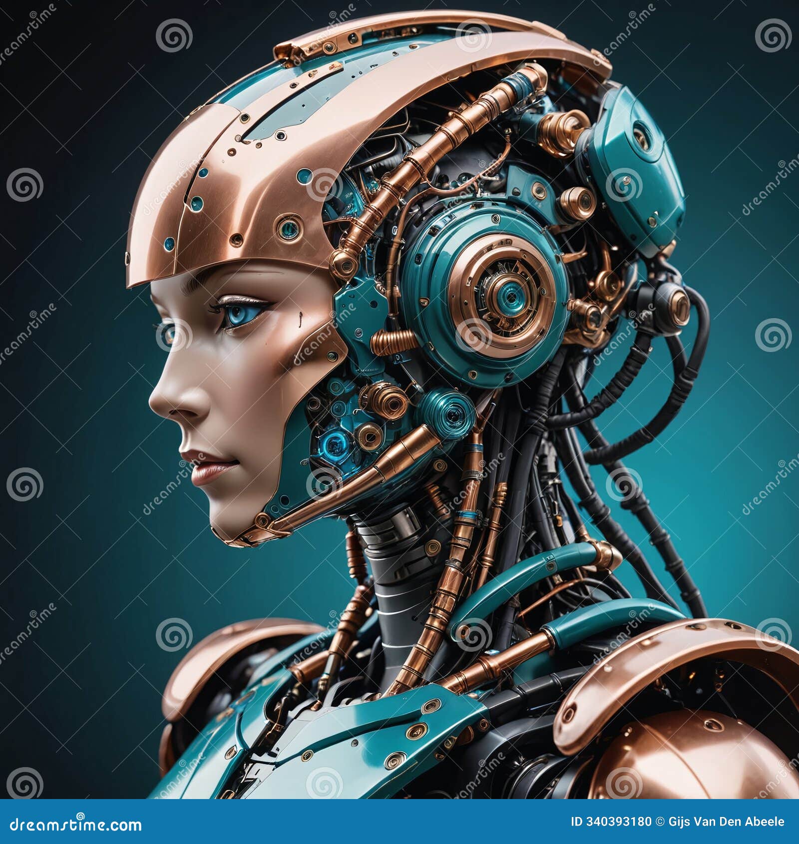 Futuristic Humanoid Robot with Teal Helmet and Exposed Copper ...