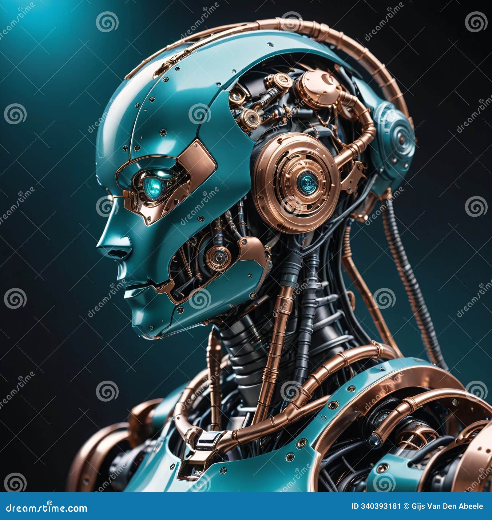 Futuristic Humanoid Robot with Teal Helmet and Exposed Copper ...