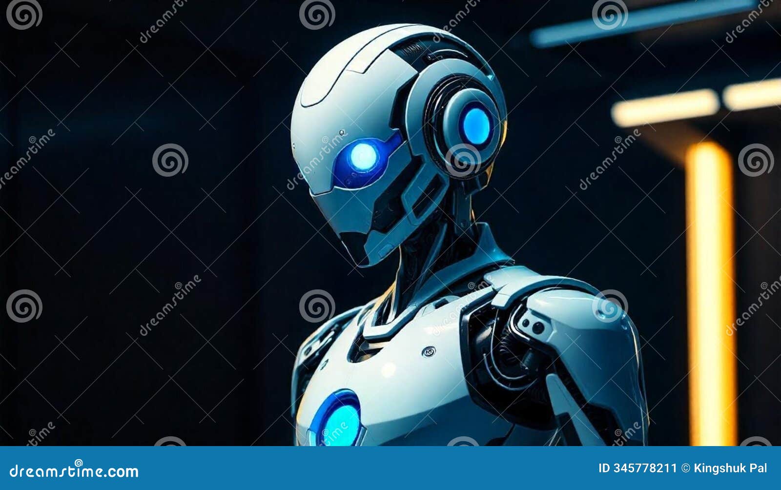 A Futuristic Humanoid Robot with a White and Blue Color, Standing in a ...