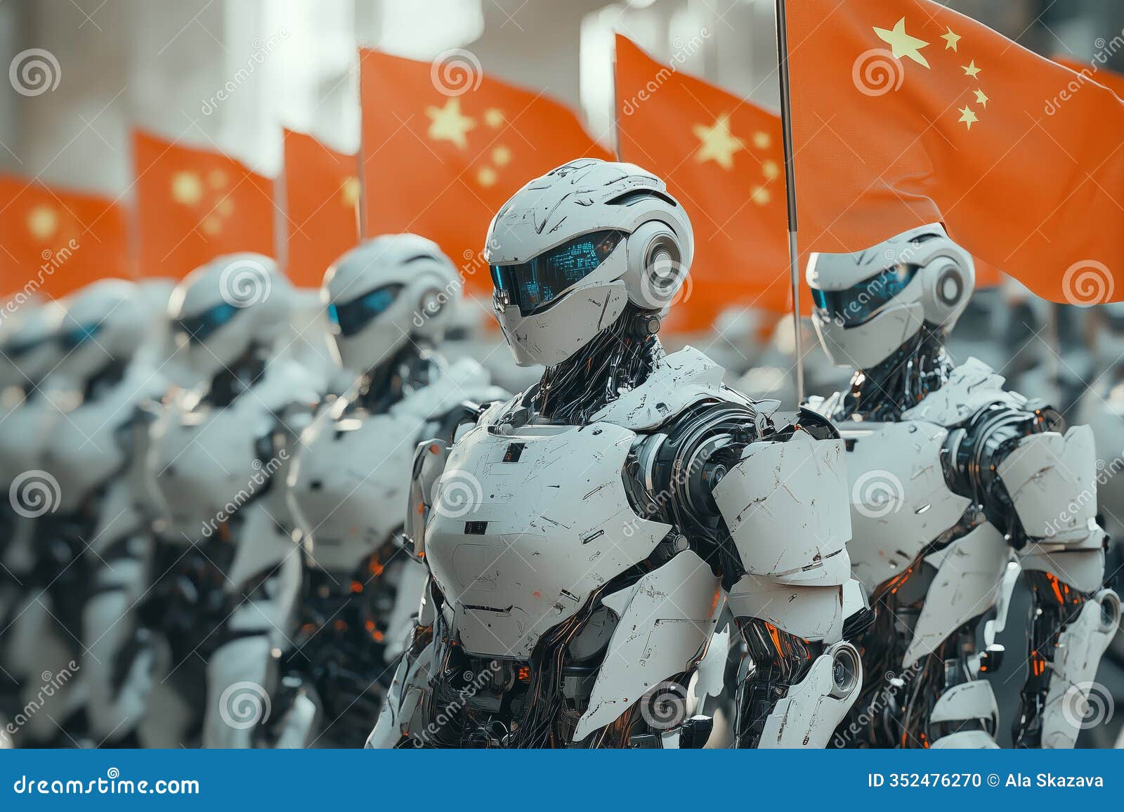 Futuristic Humanoid Robots Parade in a High-tech Environment with Flags ...
