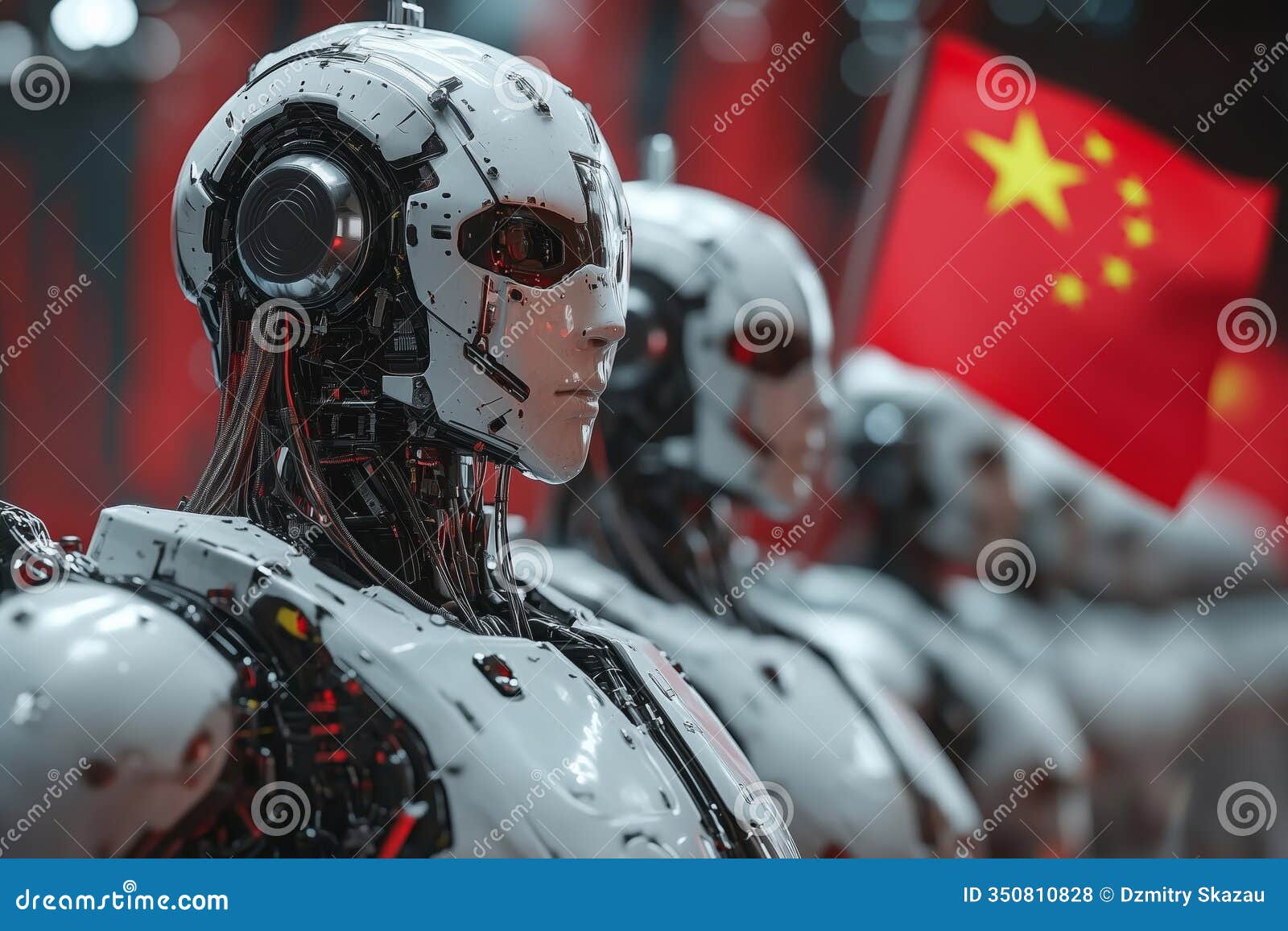 Futuristic Humanoid Robots Parade in a High-tech Environment with Flags ...