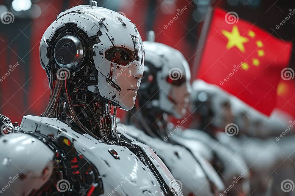 Futuristic Humanoid Robots Parade in a High-tech Environment with Flags ...