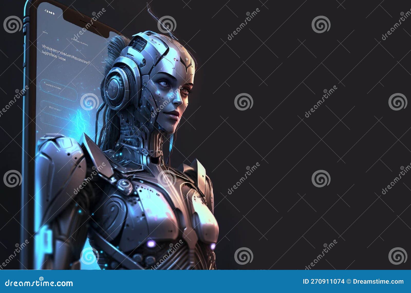 Futuristic Humanoid Woman Robot in Screen of Smartphone. Concept of ...