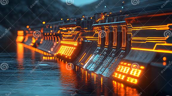 Futuristic Hydro Power with Glowing Digital Patterns and Reflections on ...