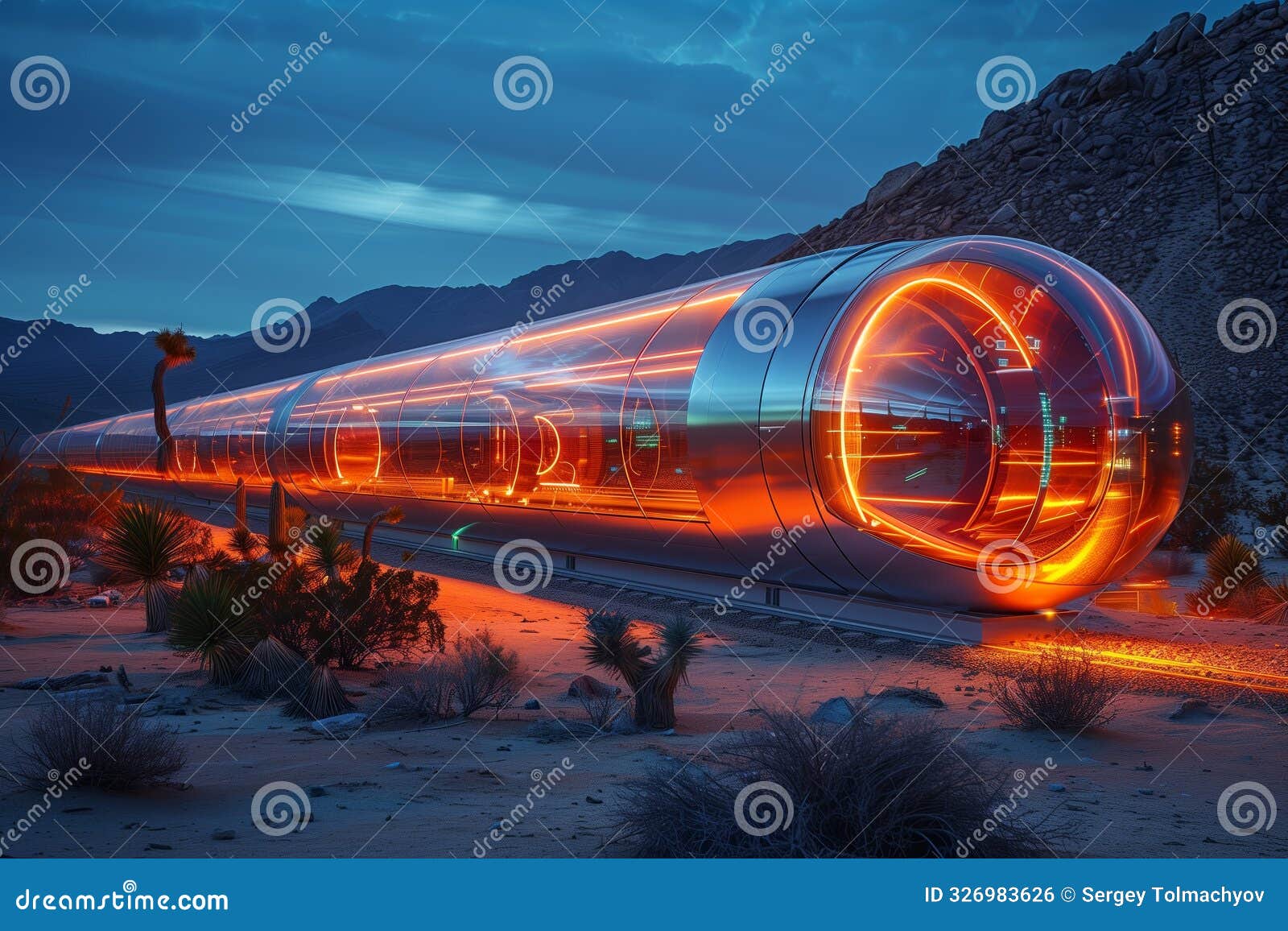Futuristic Hyperloop Train in Desert Landscape at Dusk Stock Photo ...