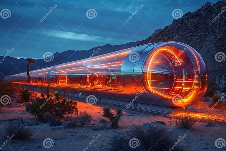 Futuristic Hyperloop Train in Desert Landscape at Dusk Stock Photo ...