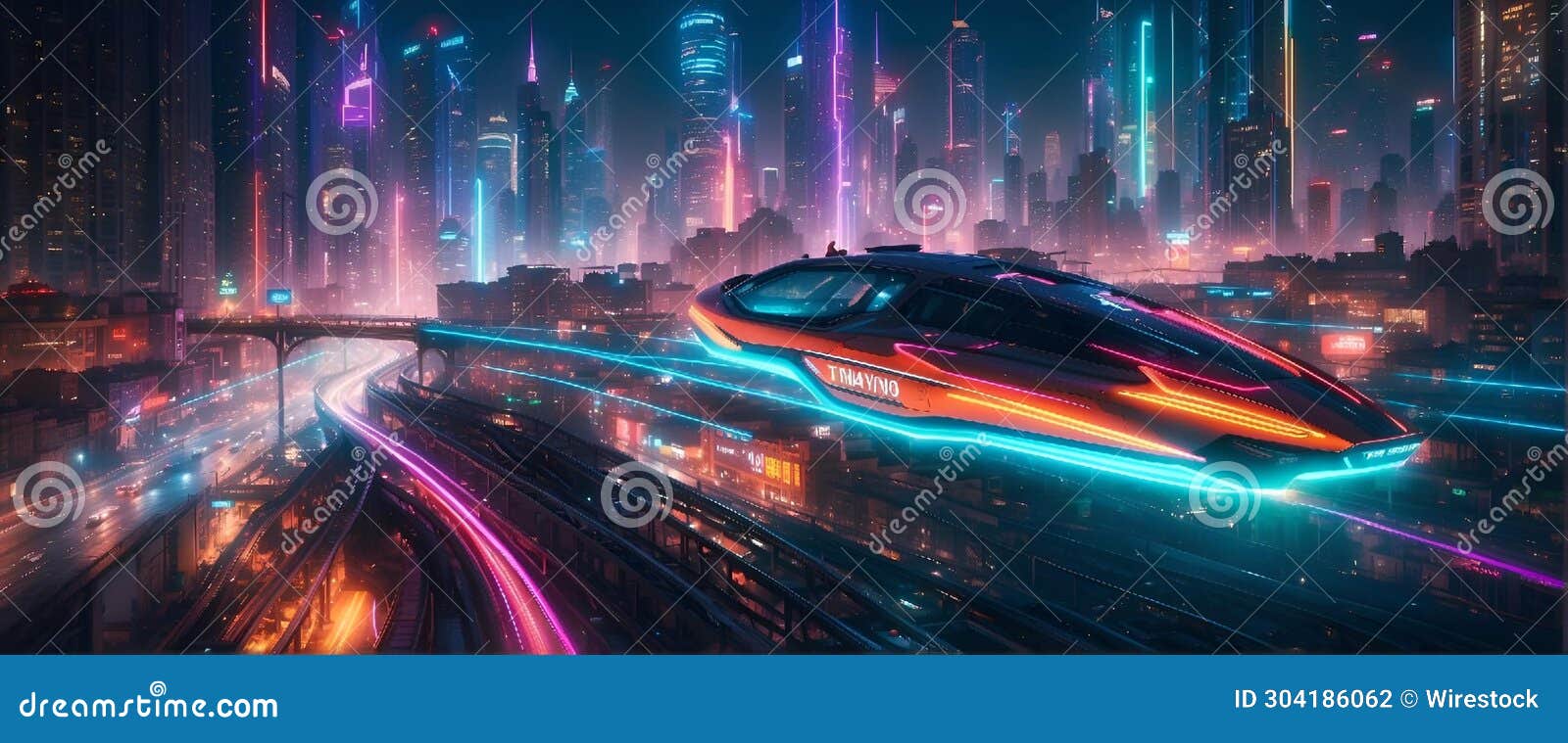 Futuristic Hyperloop Train Glides through a Neon-drenched Cybercity ...