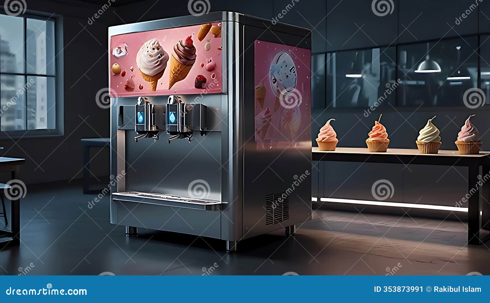 A-futuristic Ice-cream Machine with Different Flavors in Cups. Stock ...
