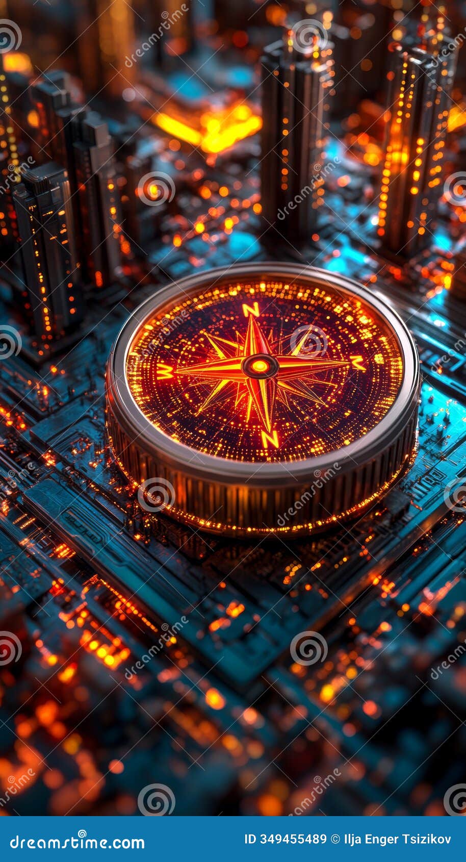 Futuristic Illuminated City Digital Compass, Symbolizing Direction ...