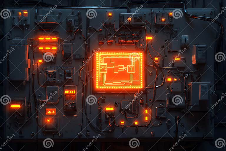 Futuristic Illuminated Control Panel with Glowing Orange Circuits and ...