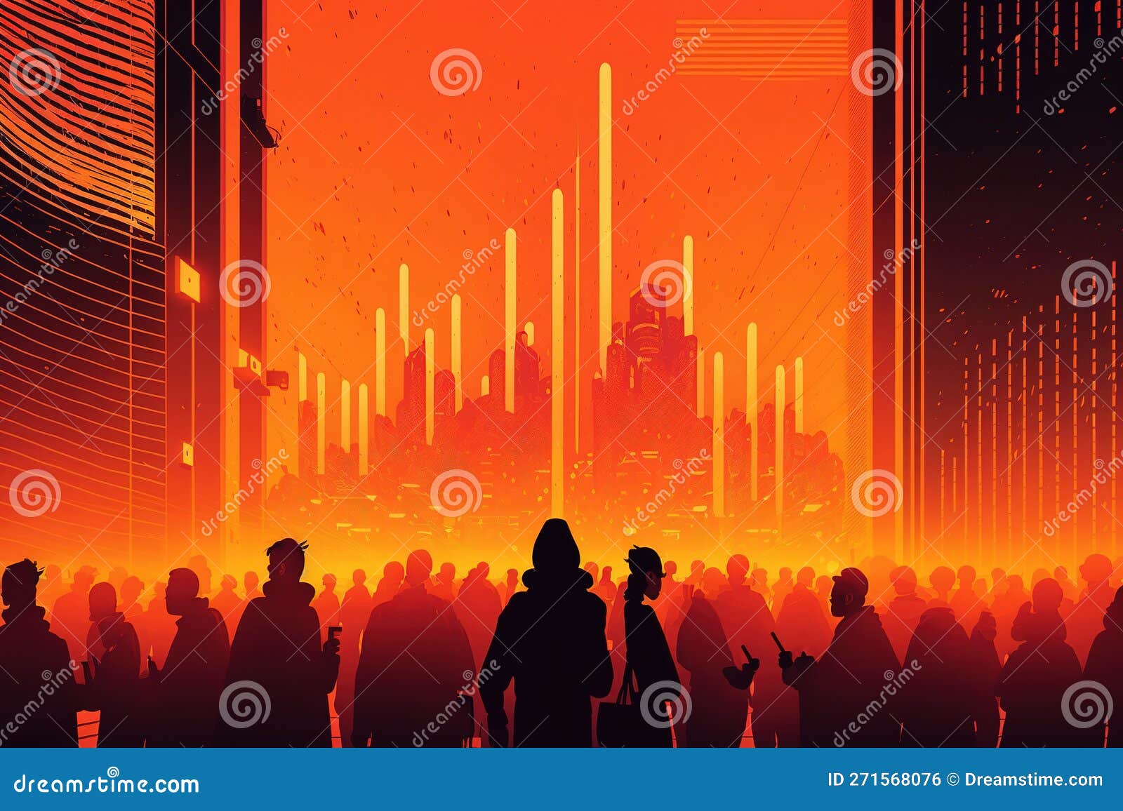 Futuristic Illustration, Book Cover, of Group of People, Red Background ...