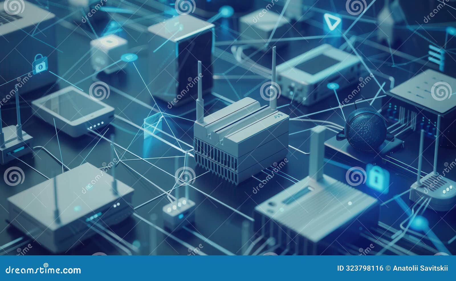A Futuristic Illustration of a Home Network with Routers, Modems, and ...