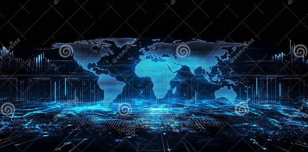 Futuristic Illustrations of Dots Floating with Wave Wireframe Network ...