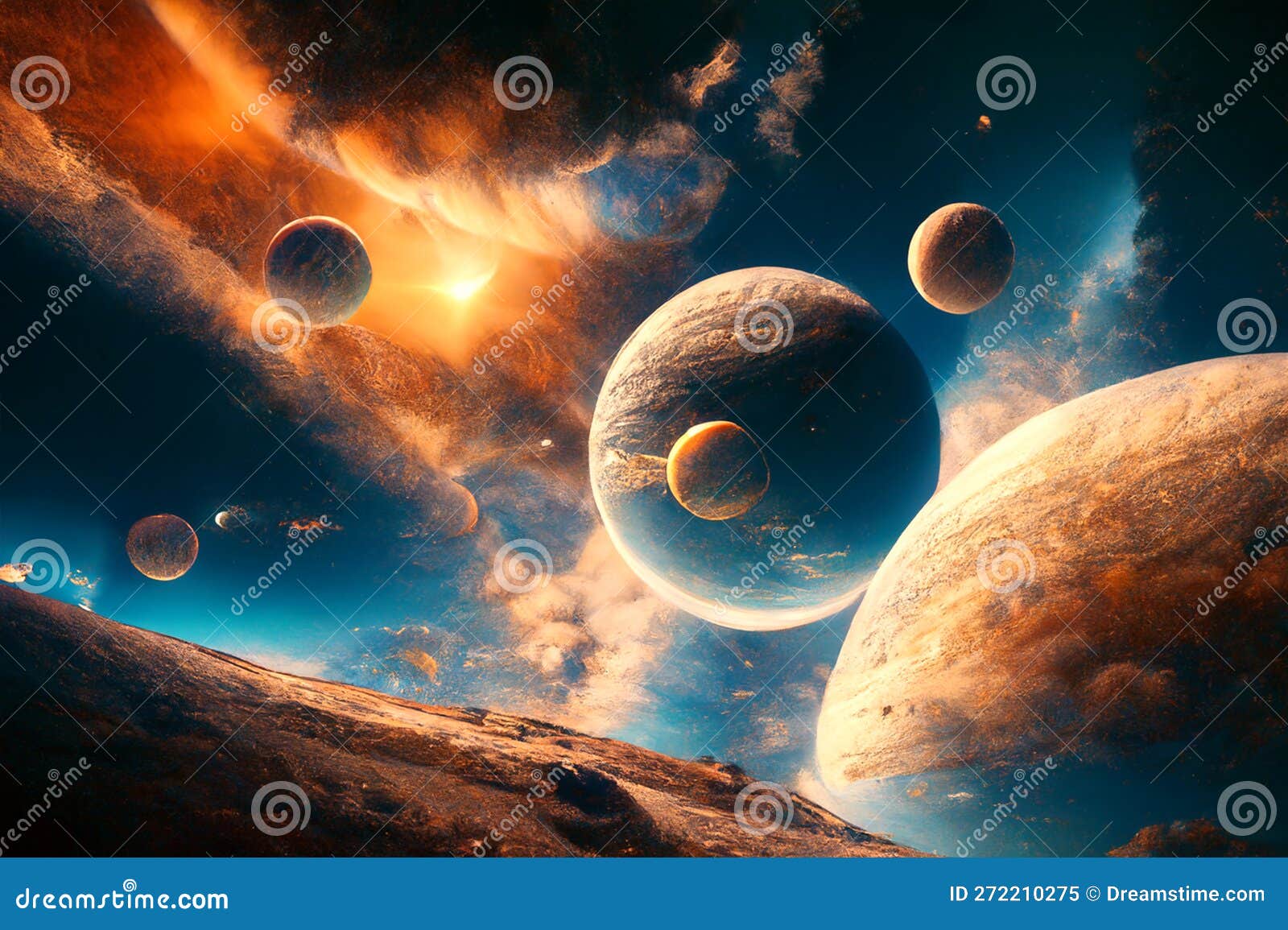 Futuristic Image of Big Planets and Stars on Blue Sky with Clouds ...