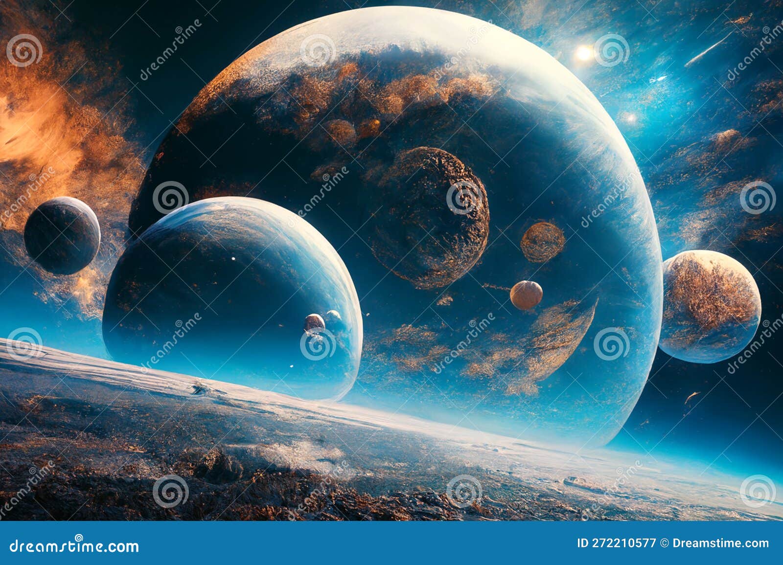 Futuristic Image of Big Planets and Stars on Blue Sky with Clouds ...