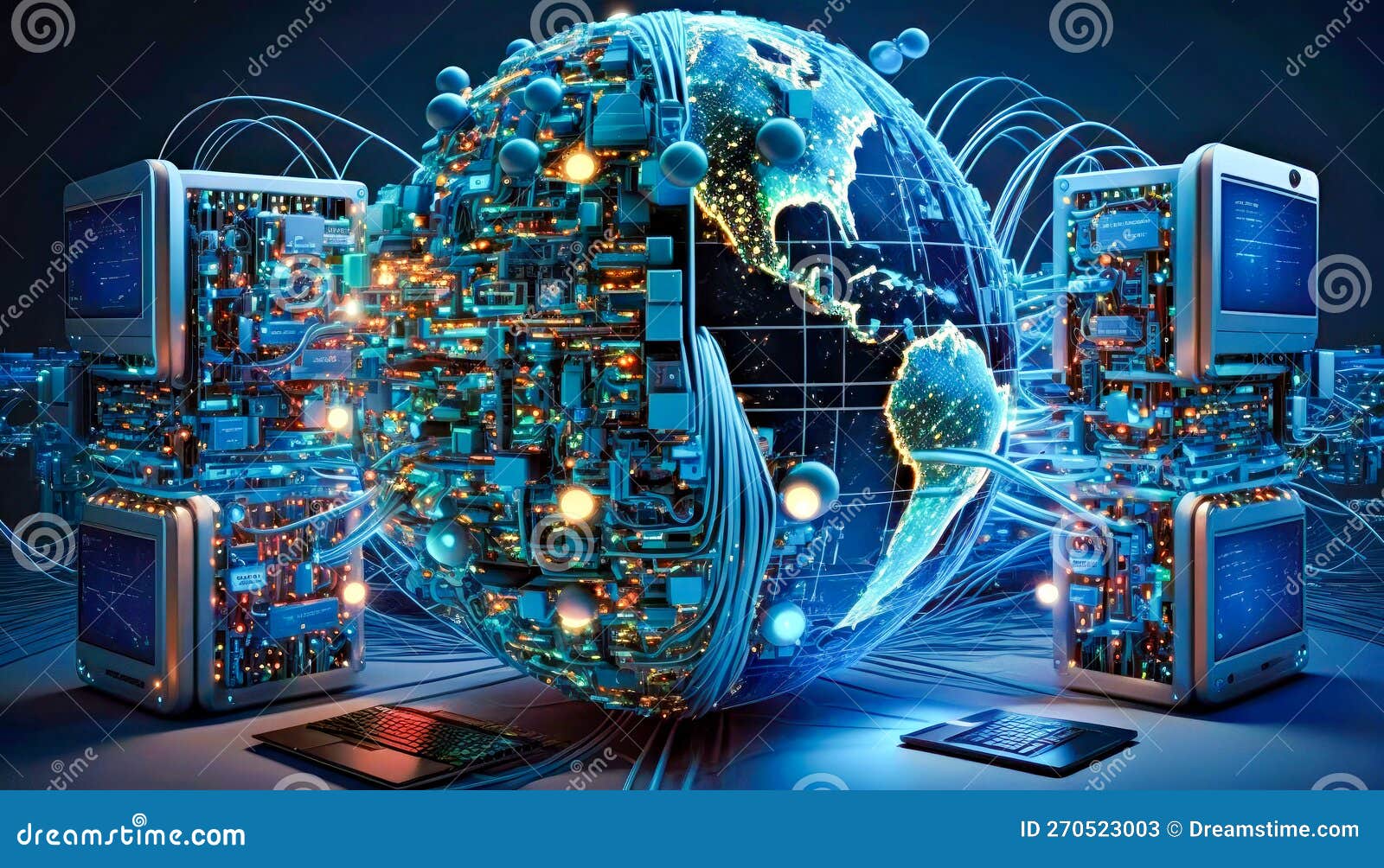 Globe With Computers And Mobile Phone Icon Cartoon Vector Illustration ...