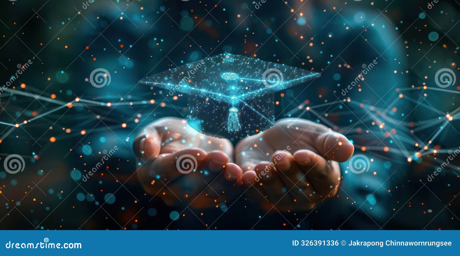 Futuristic Image of a Holographic Graduation Cap in Hands, Representing ...