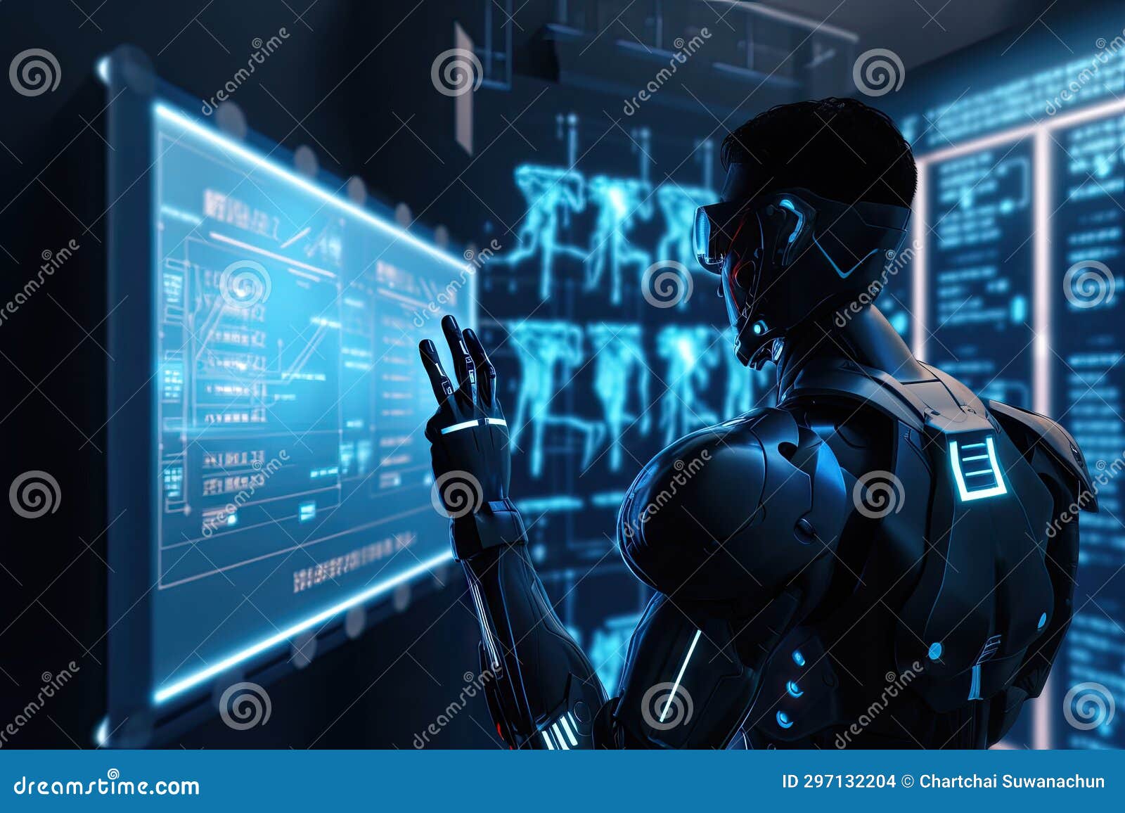 Futuristic Image of a Robot Viewing Electronic Signals with Various ...