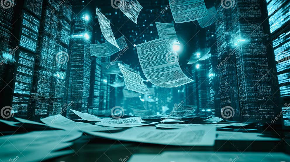 Futuristic Data Network with Floating Documents and Light Stock Photo - Image of abstract ...