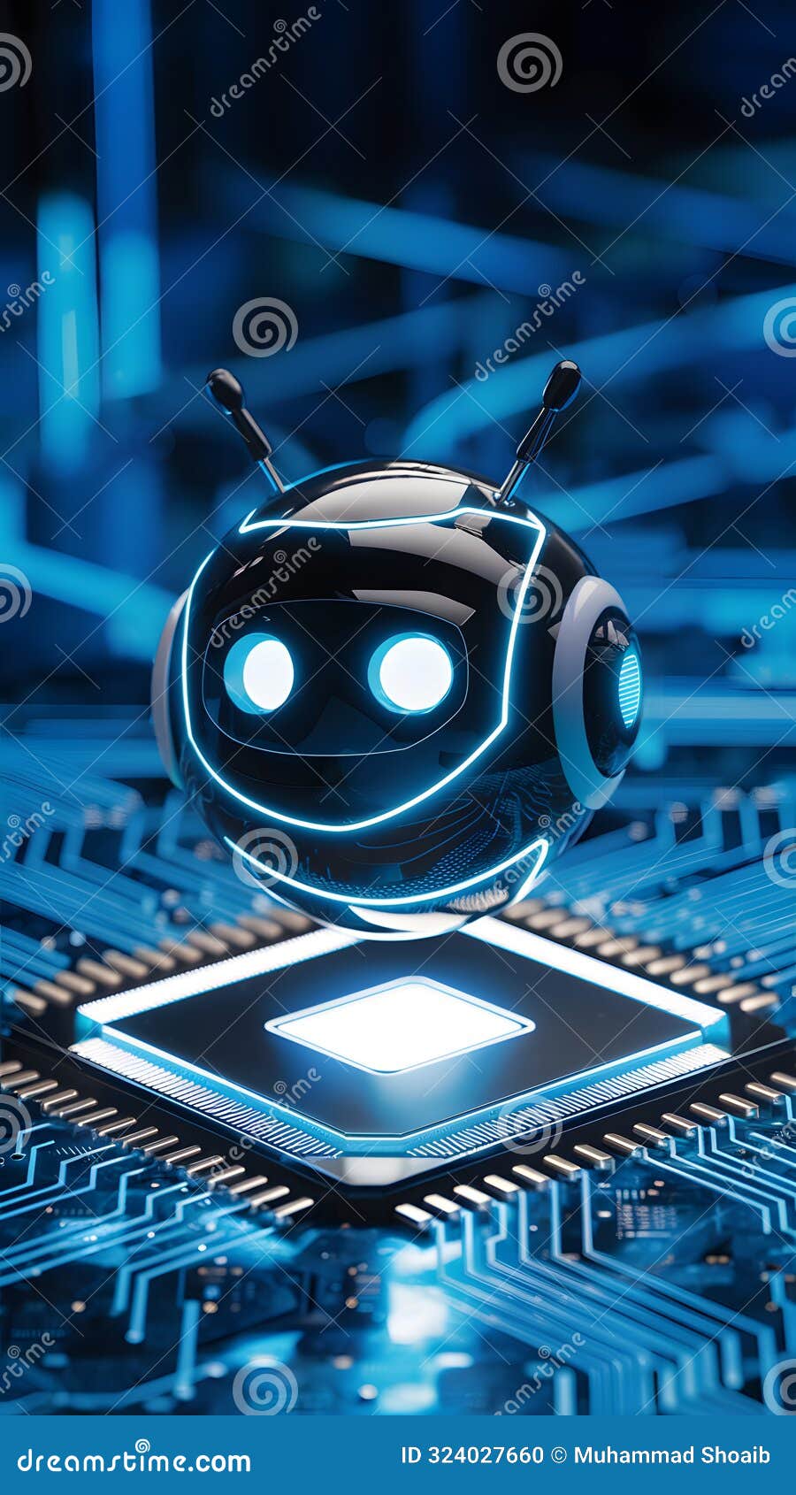 Futuristic Image of Spherical Robotic Entity Amidst Blue Digital ... Futuristic Image of Spherical Robotic Entity Amidst Blue Digital ...