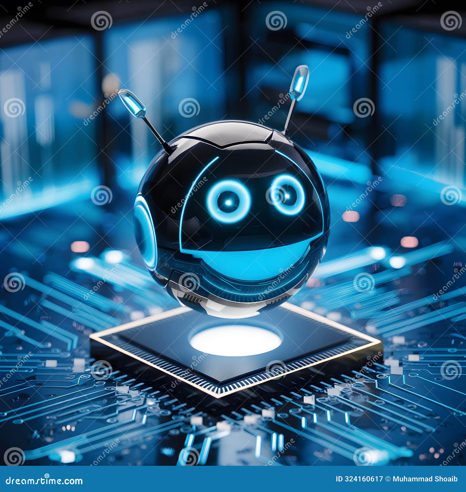 Futuristic Image of Spherical Robotic Entity Amidst Blue Digital ... Futuristic Image of Spherical Robotic Entity Amidst Blue Digital ...