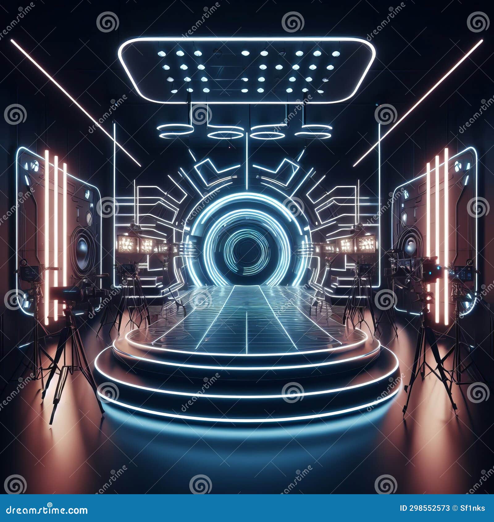 Futuristic Image of a Symmetrical Tunnel with Neon Lights and a Stage ...