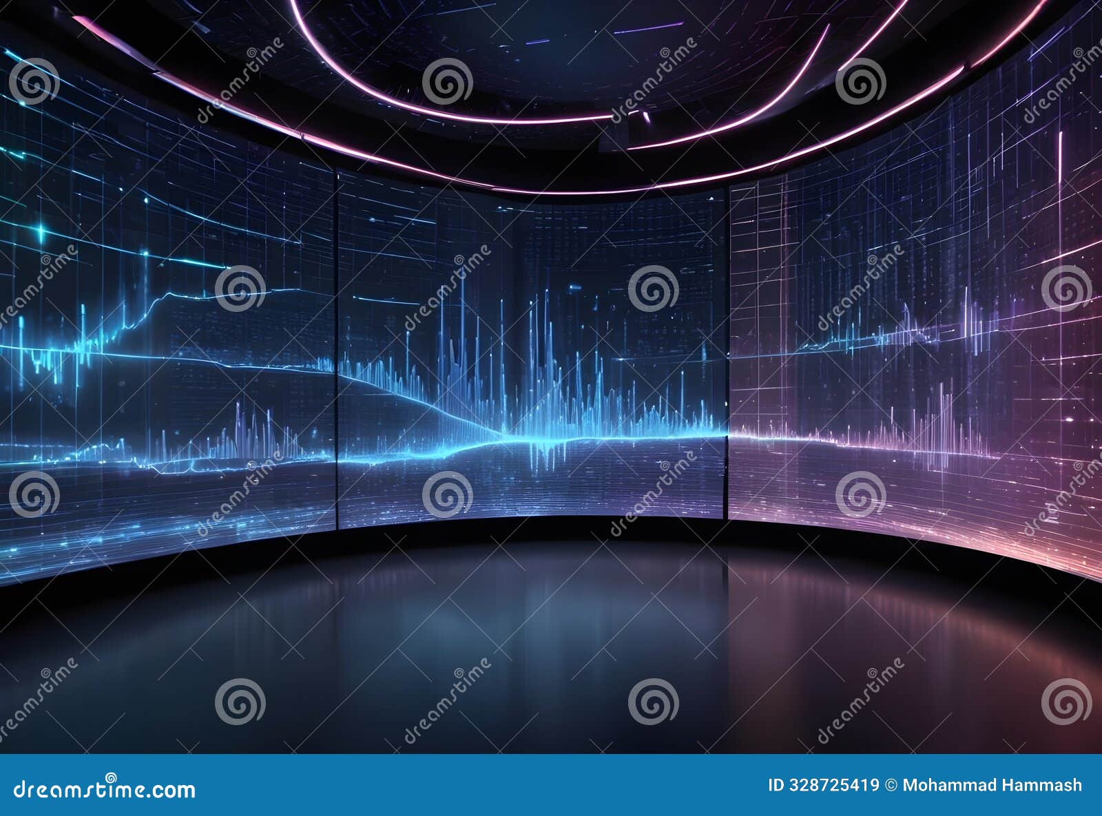 A Futuristic, Immersive Space with a Curved Wall of Screens Displaying ...