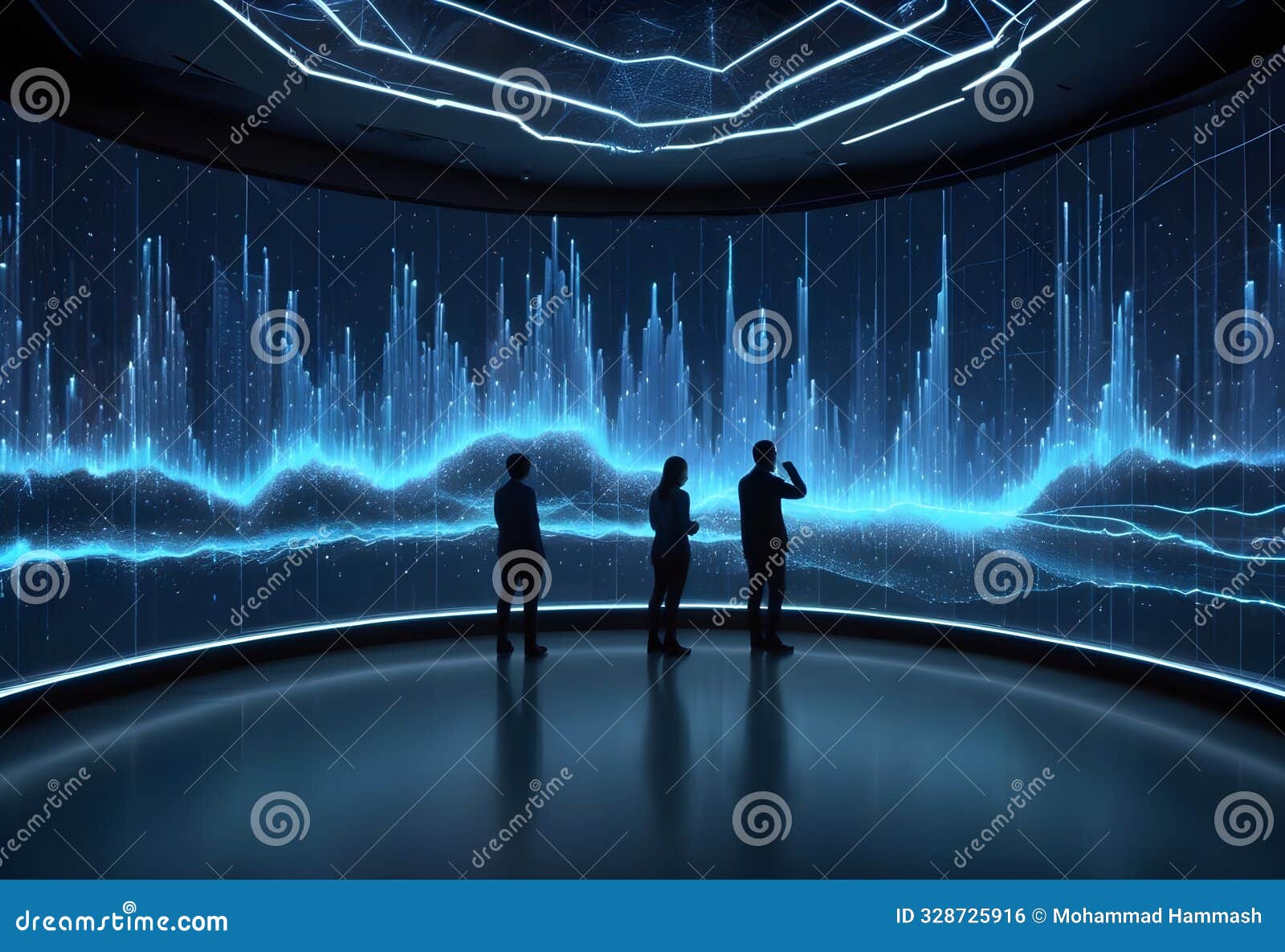 A Futuristic, Immersive Space with a Curved Wall of Screens Displaying ...