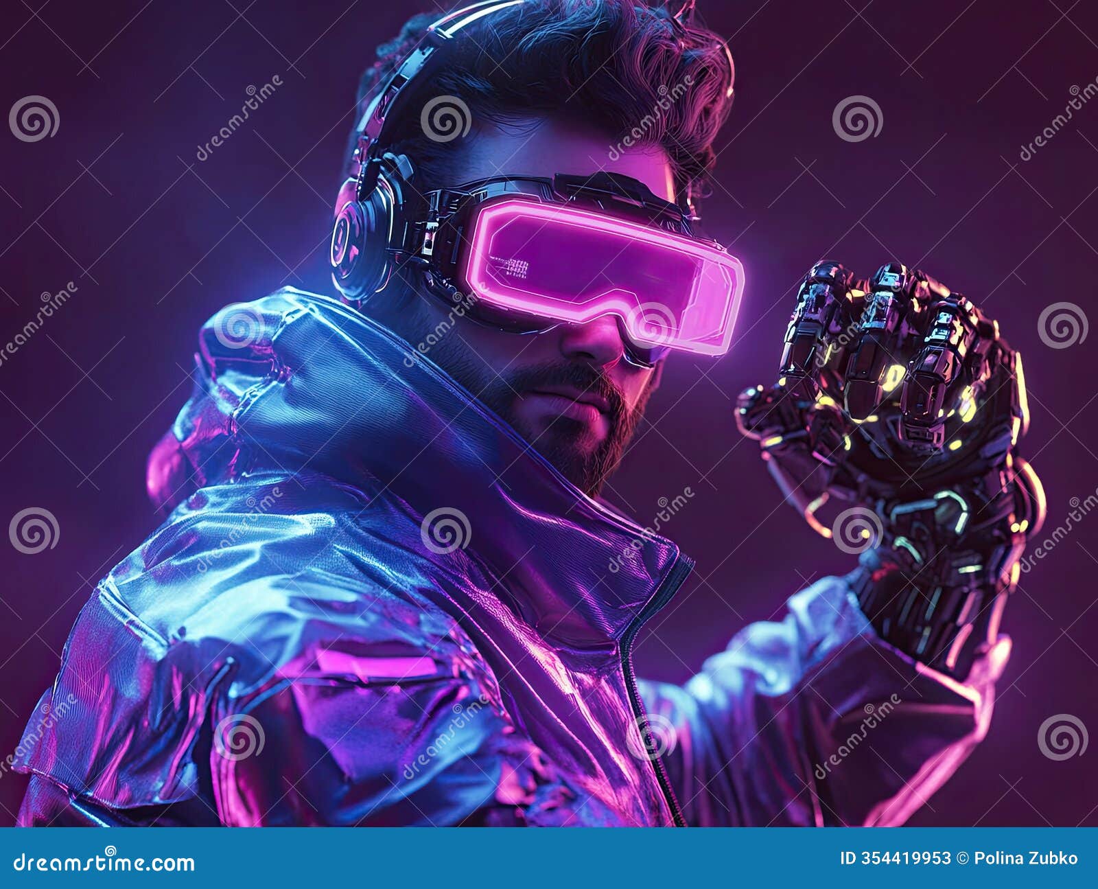 Futuristic Individual Wearing Neon Goggles and Robotic Arm in a Vibrant ...