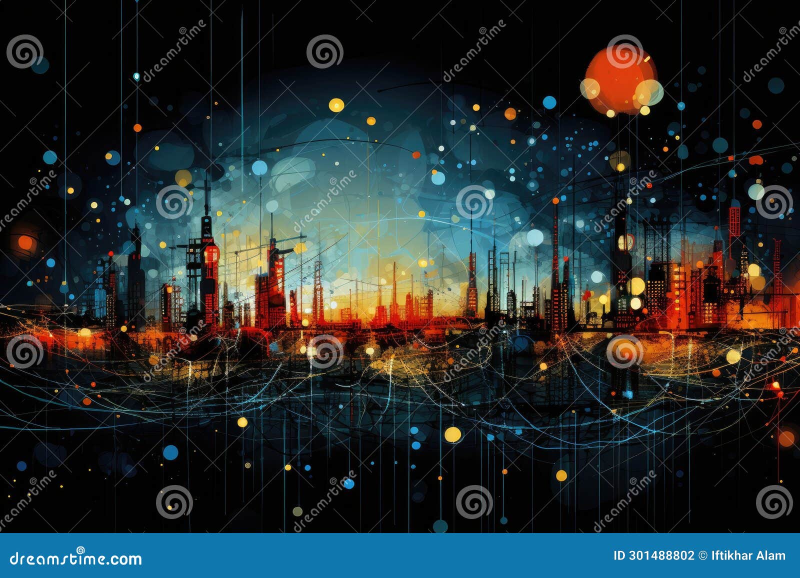 Futuristic Industrial City at Night with Glowing Lights. Vector ...