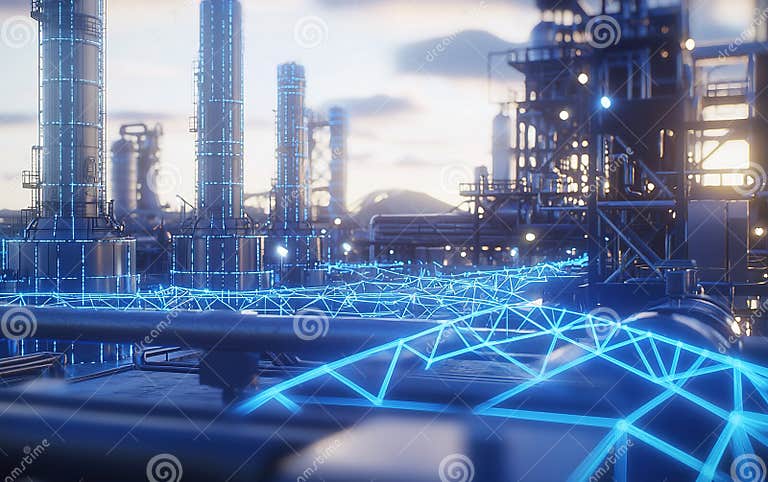 Futuristic Industrial Landscape with Illuminated Pipelines and High ...
