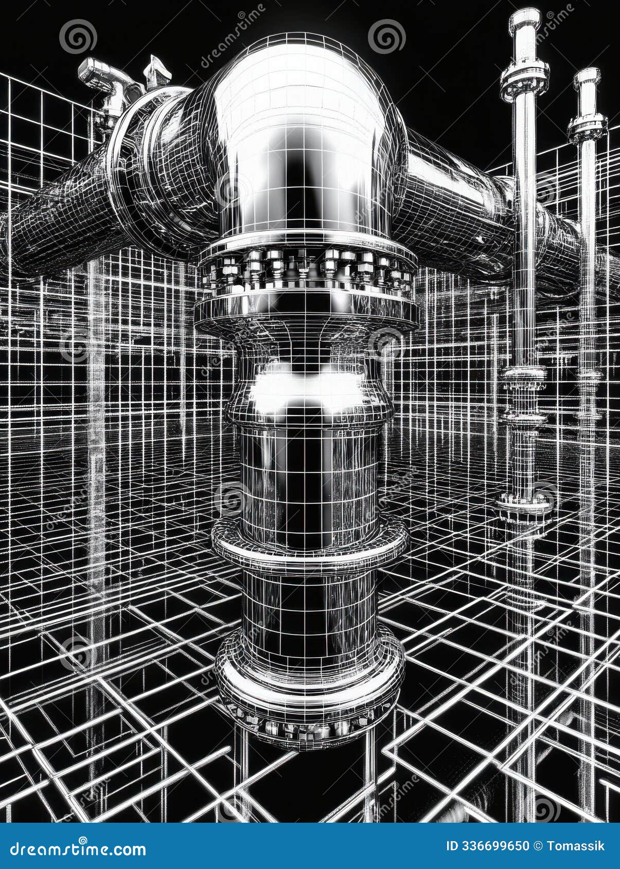 Futuristic Industrial Pipeline with Detailed Wireframe Structure ...