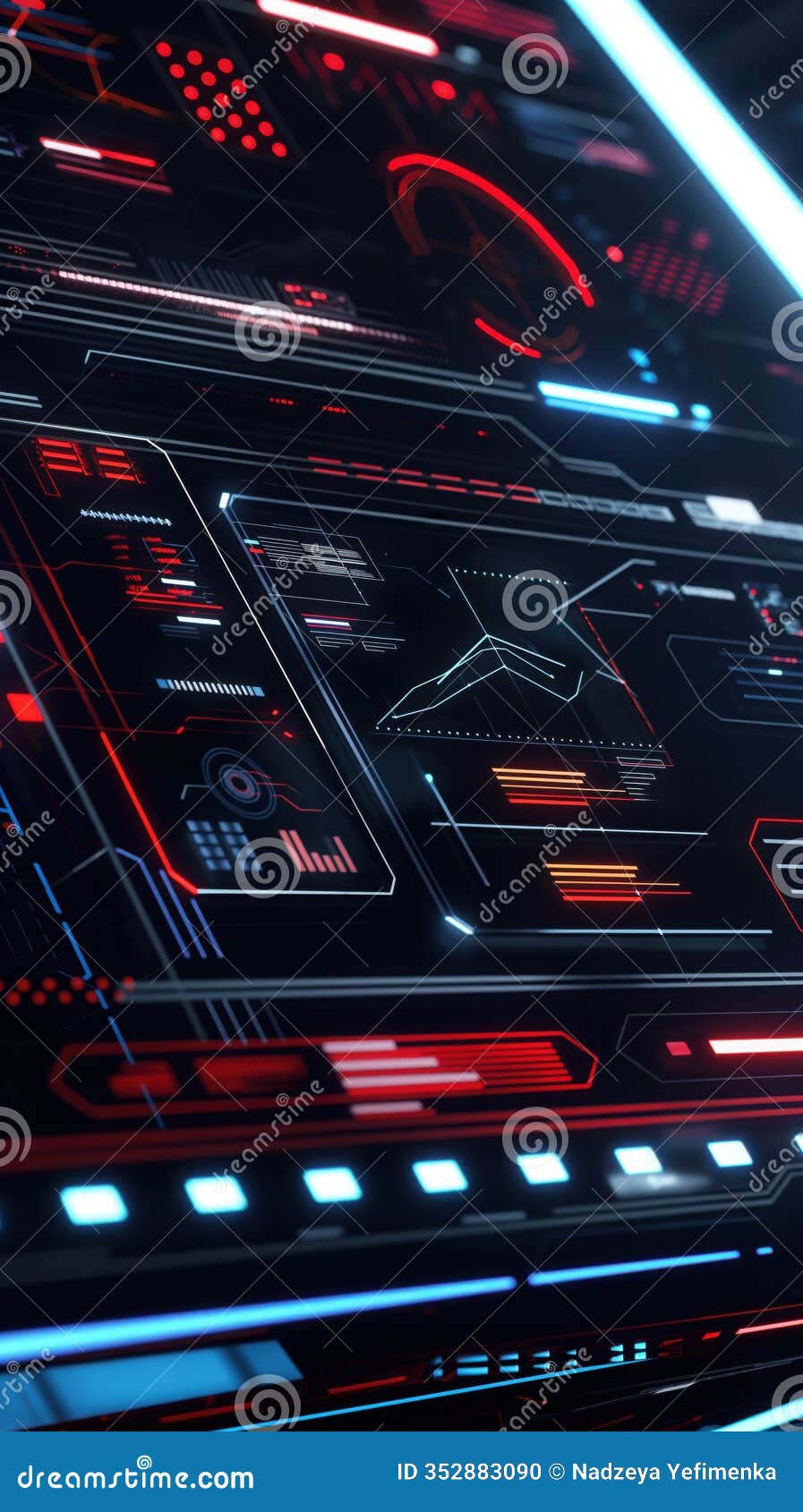 Futuristic Interactive Panel Featuring Dynamic Holographic Data Charts with Red and Blue ...