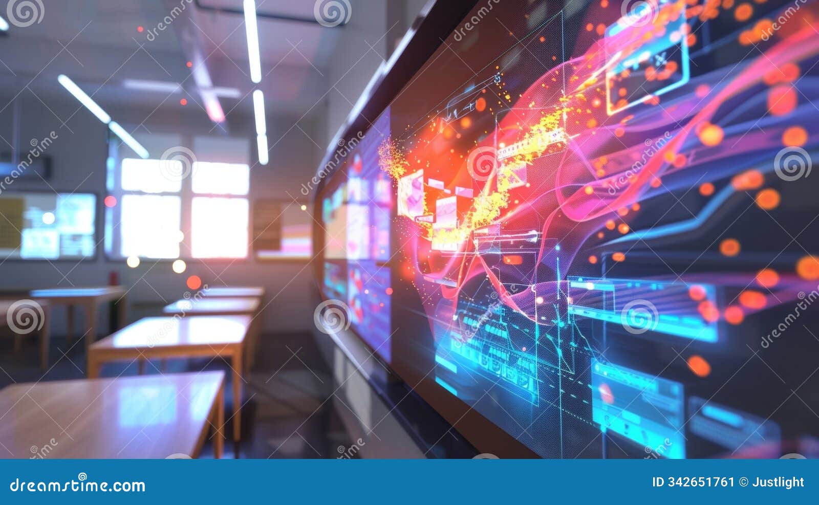 Futuristic Interactive Screen Displaying Data in Empty Classroom Stock Image - Image of internet ...