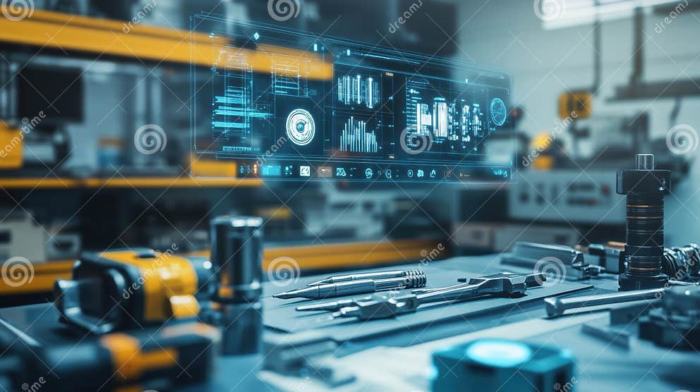 Futuristic Interface Displaying Data and Schematics in a Workshop ...