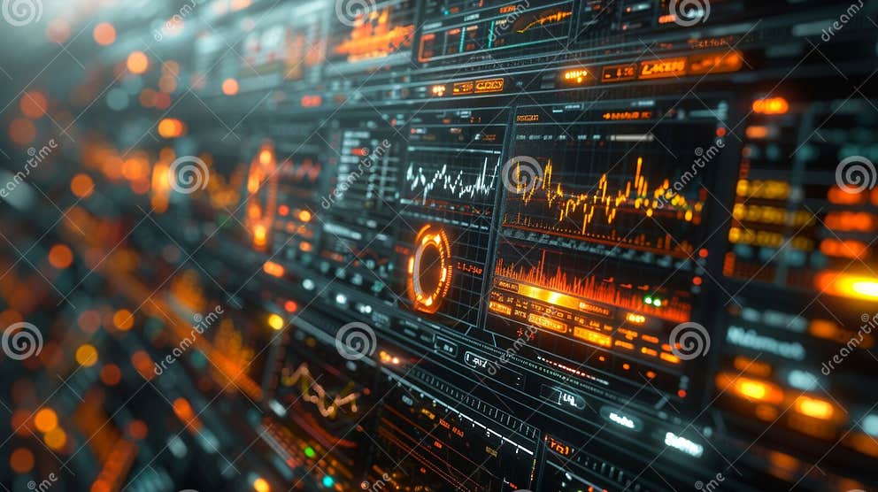 A Futuristic Interface Displaying Multiple Screens with Realtime Financial Data and Statistical ...
