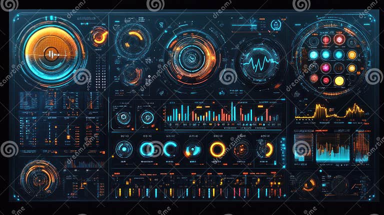 Futuristic Interface with Various Data Displays, Including Gauges ...