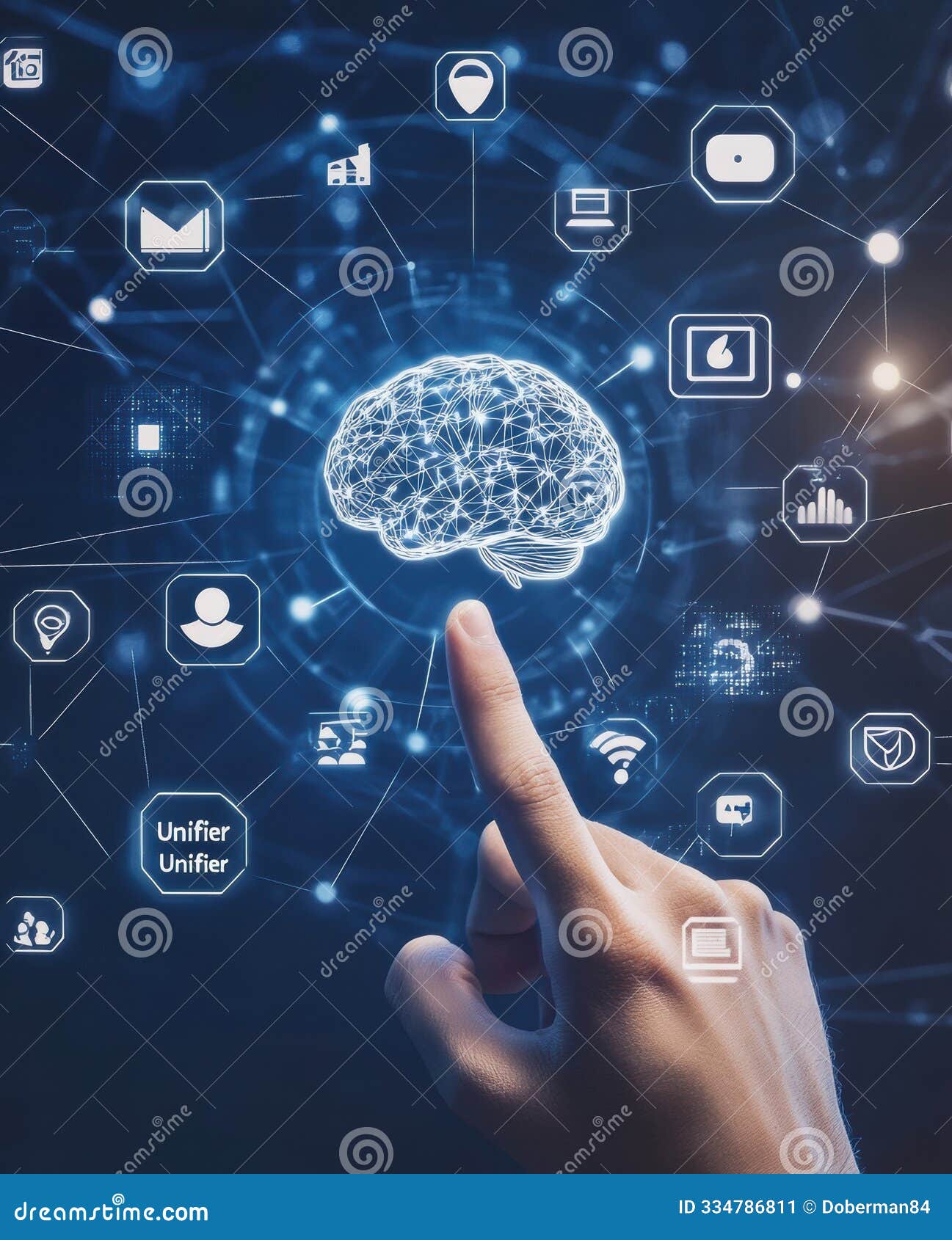 Futuristic Interface with Virtual Social Media Icons and Brain Symbol ...