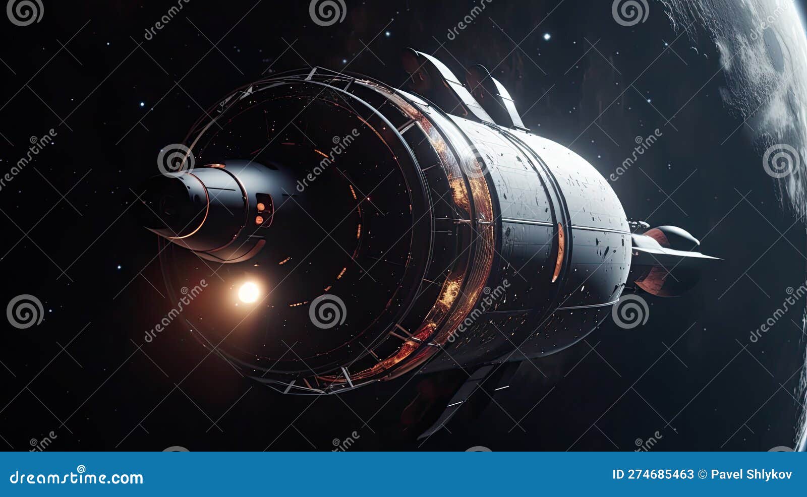 Futuristic Intergalactic Spaceship on the Background of a Blue Planet ...