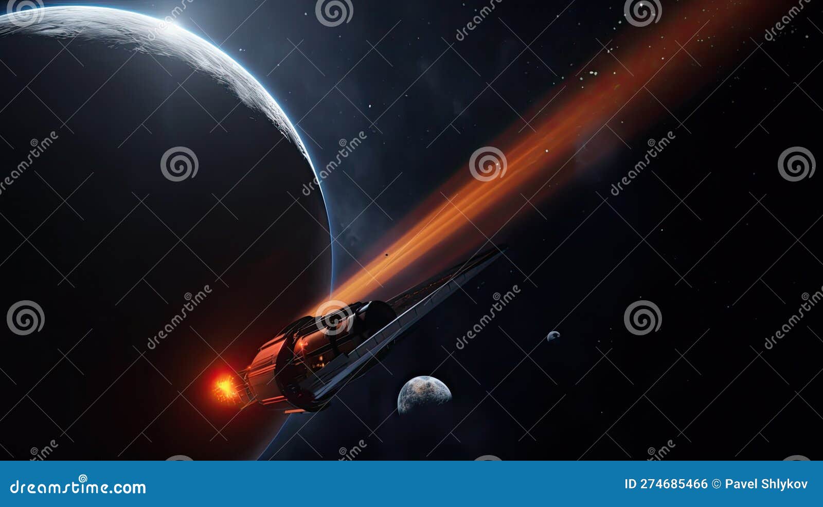 Futuristic Intergalactic Spaceship on the Background of a Blue Planet ...