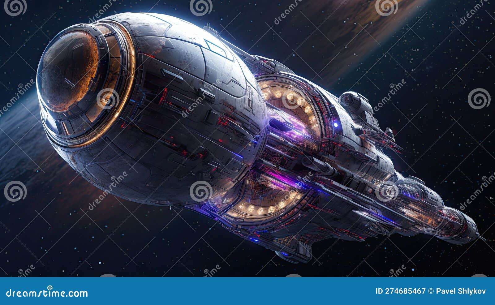 Futuristic Intergalactic Spaceship on the Background of a Blue Planet ... Futuristic Intergalactic Spaceship on the Background of a Blue Planet ...
