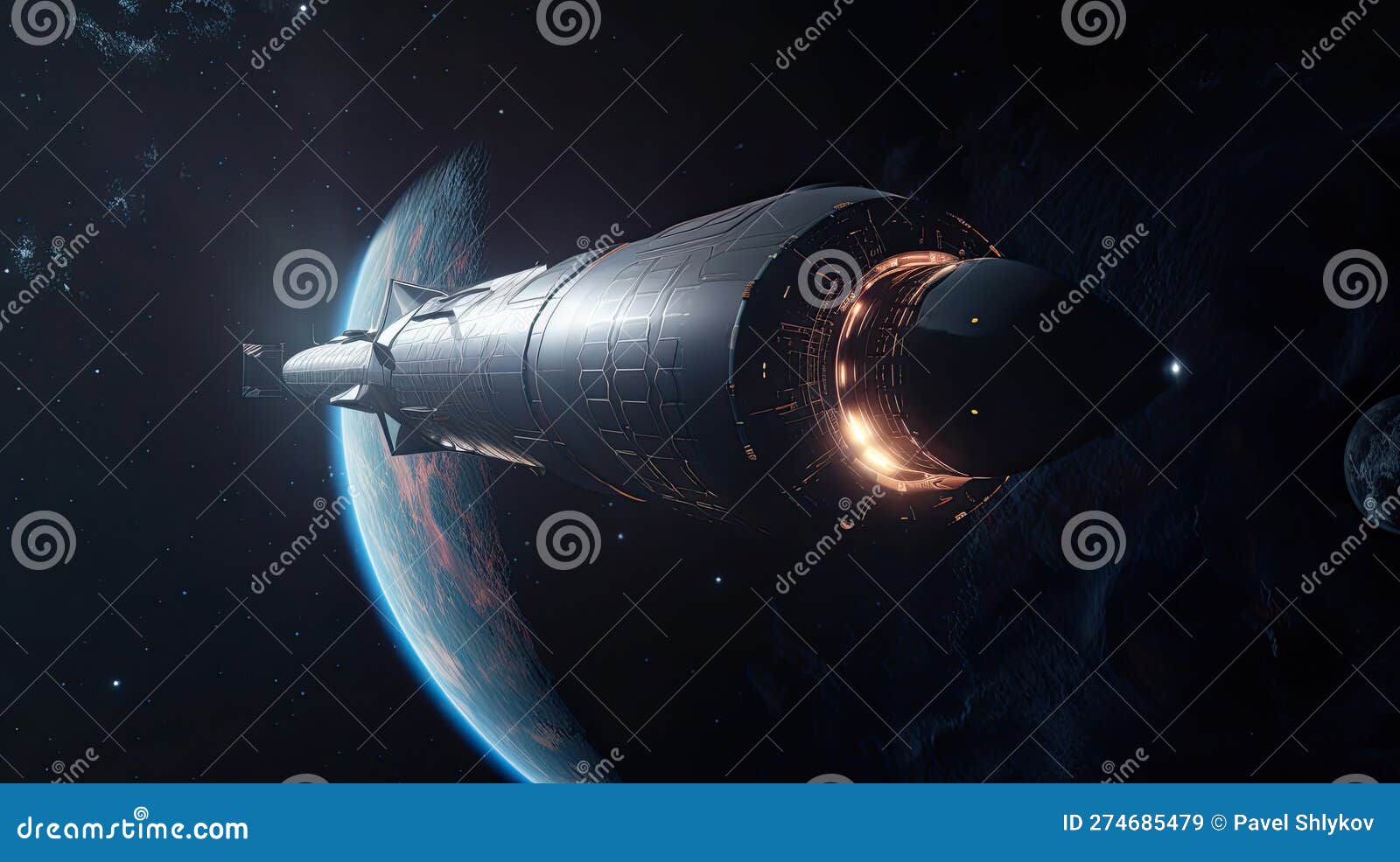 Futuristic Intergalactic Spaceship on the Background of a Blue Planet ...