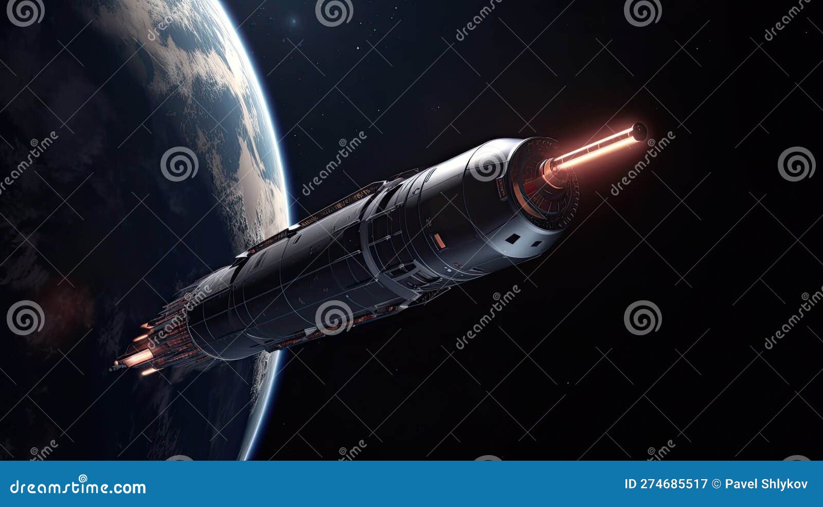 Futuristic Intergalactic Spaceship on the Background of a Blue Planet ...