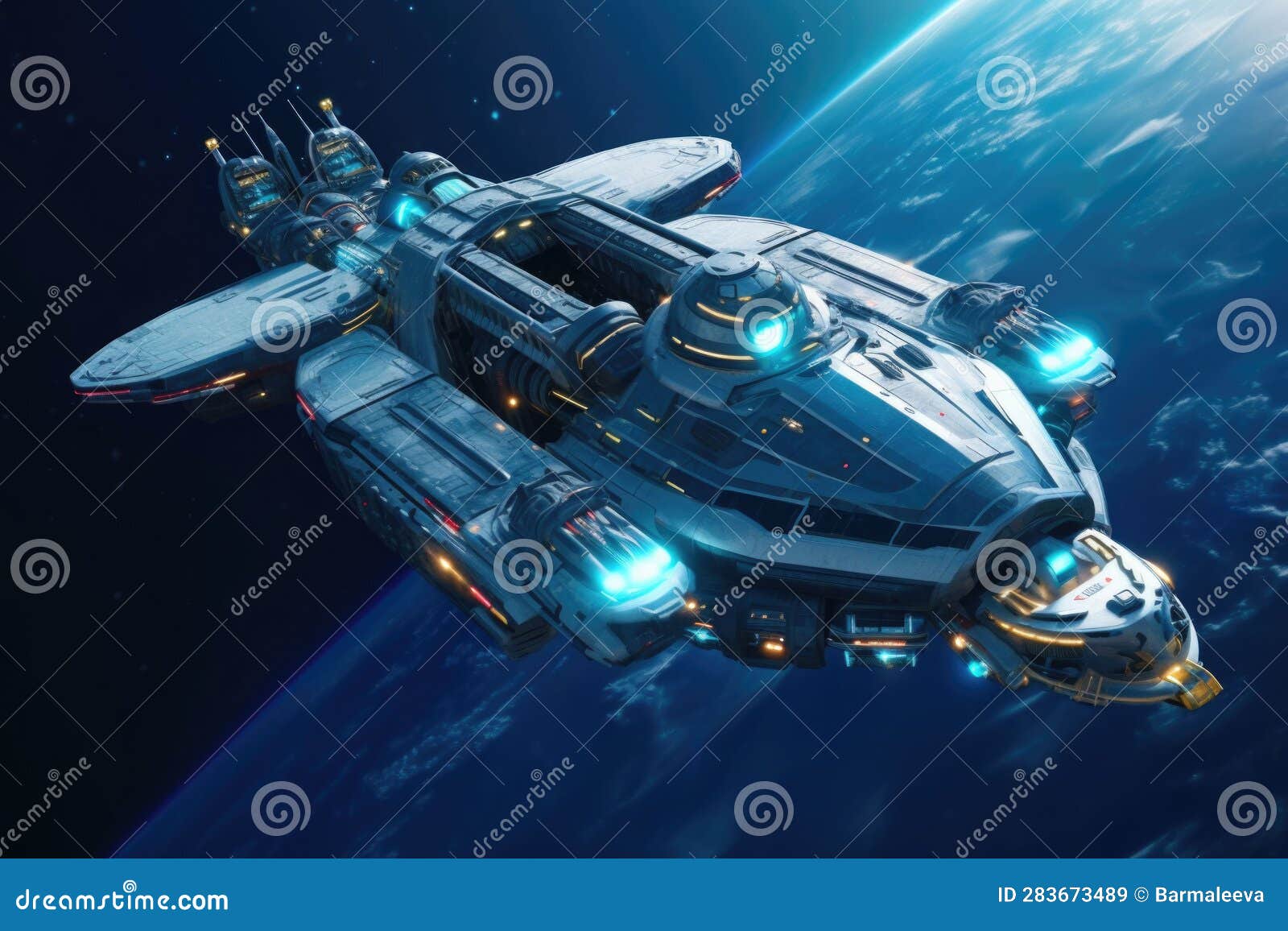 A Futuristic Intergalactic Spaceship on the Background of a Blue Planet ...