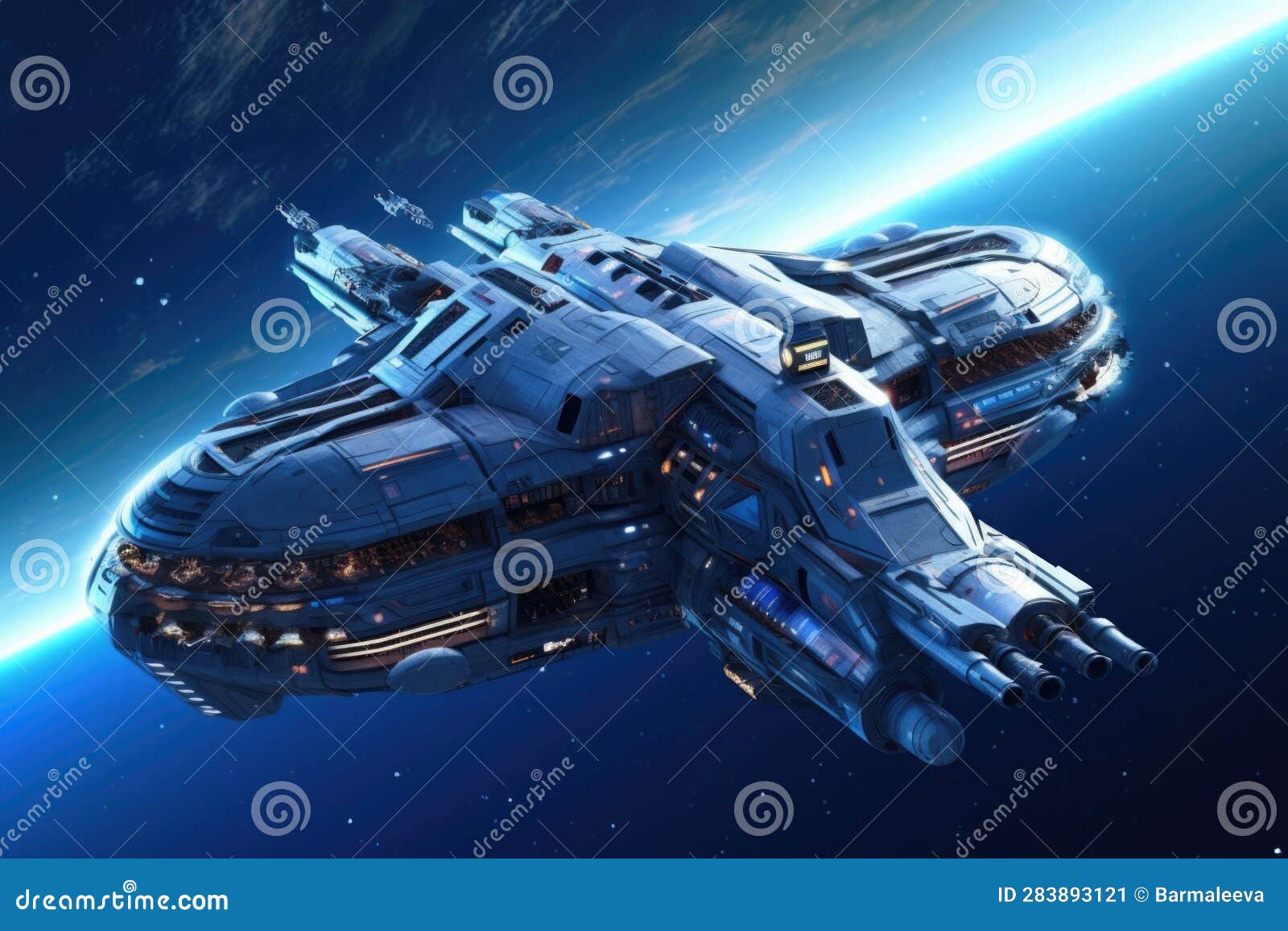 A Futuristic Intergalactic Spaceship on the Background of a Blue Planet ...