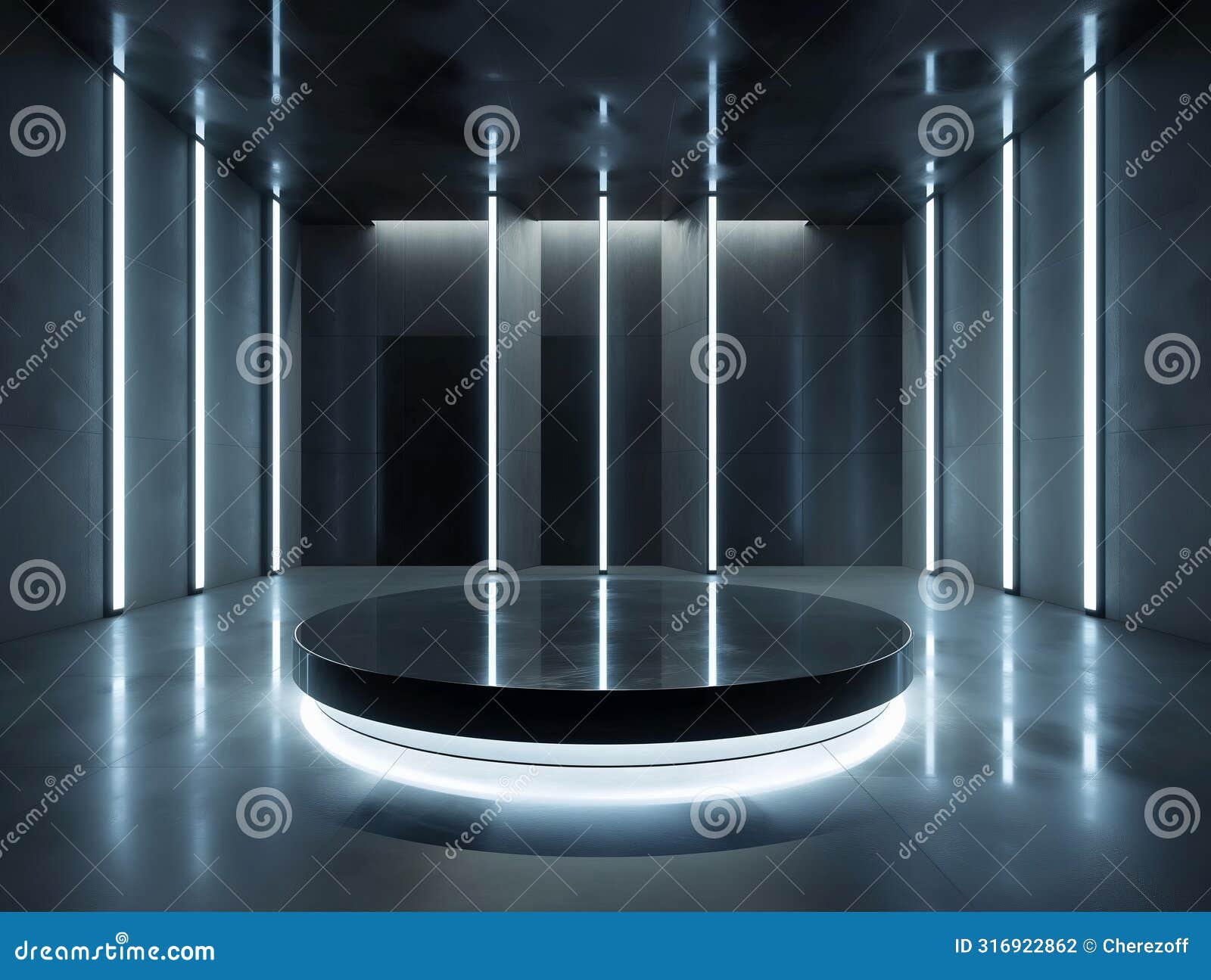 Futuristic Interior with Circular Platform and Illuminated Columns ...